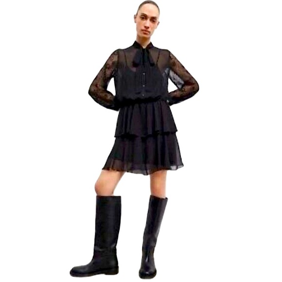Zara | Dresses | Zara Ruffle Mini Wednesday Addams Style Black Sheer ...